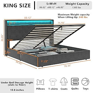 Loomie King Lift Up Bed Frame with Charging Station & LED Lights, Upholstered Bed with Button Tufted Wingback Storage Headboard, Hydraulic Storage, No Box Spring Needed, Wood Slats Support,Dark Grey