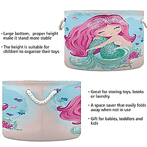 MNSRUU Storage Basket 20"x14" Little Lovely Mermaid Princess Round Storage Organizer Basket with Handles, Fabric Nursery Laundry Basket Large Capacity