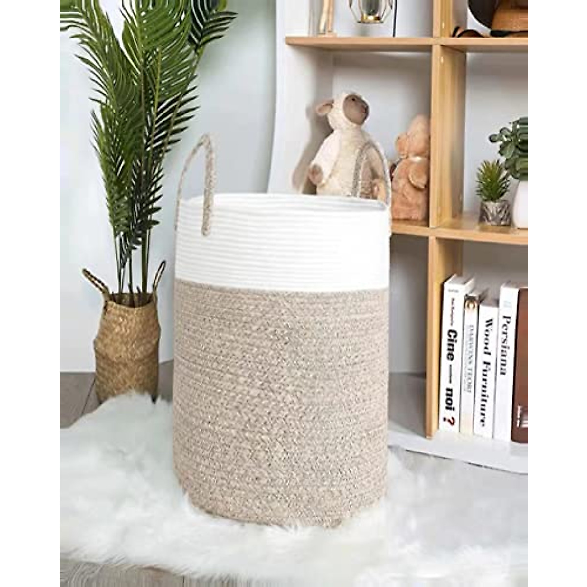 Tall Woven Laundry Basket with Handles, Clothes Hamper Storage Basket for Living Room, Bedroom, Entryway, Bathroom, Large Woven Blanket Basket for Pillows, Towels, Blankets