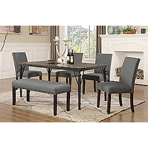 Roundhill Furniture Biony 6-Piece Wood Dining Set with Nailhead Chairs and Bench, Grey