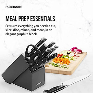 Farberware 15-Piece Forged Triple Riveted Knife Block Set, High Carbon-Stainless Steel Kitchen Knives, Razor-Sharp Knife Set with Wood Block, Graphite