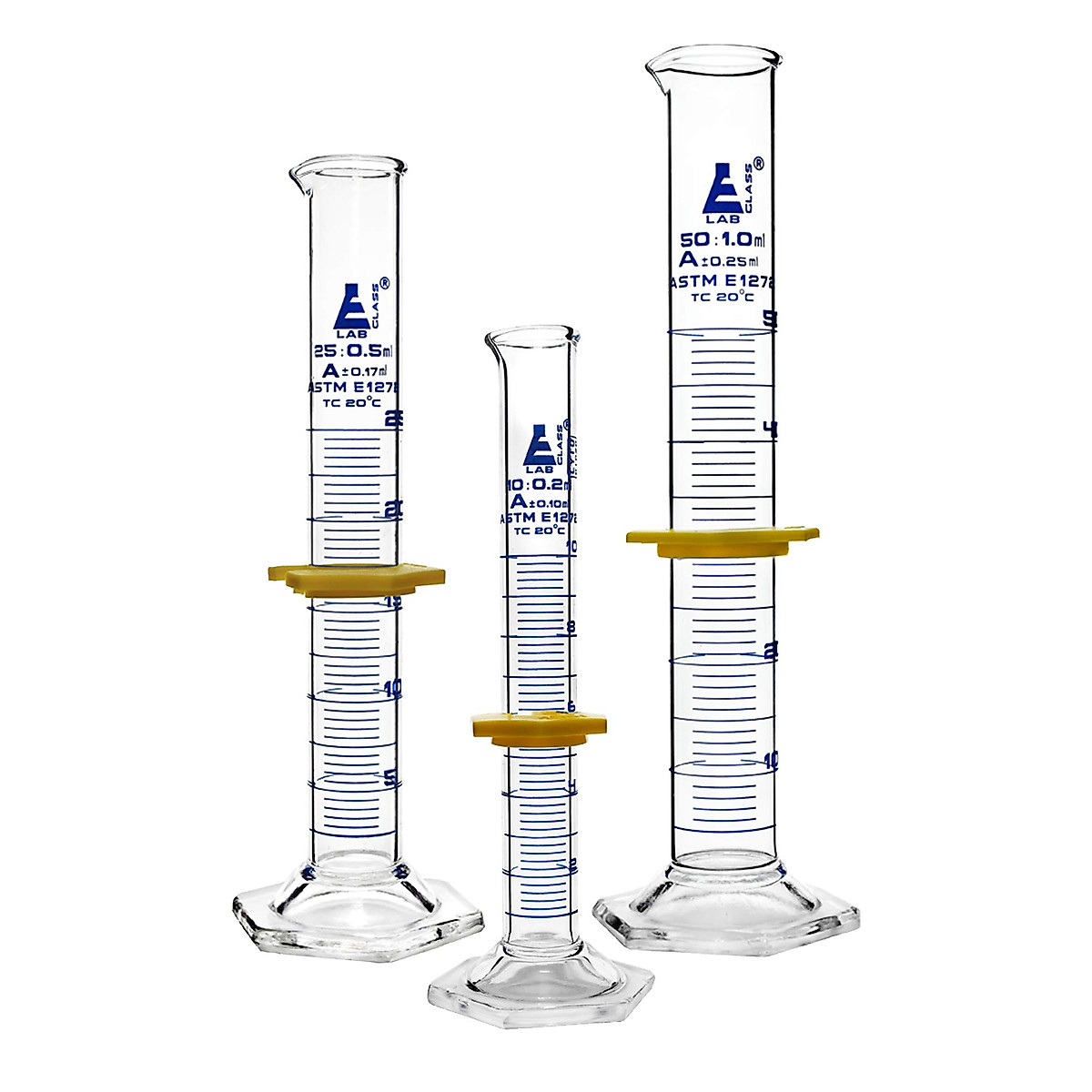 EISCO Premium Graduated Cylinder Set - 10mL, 25mL & 50mL - ASTM, Class A - Protective Collars, Hexagonal Base - Blue Graduations - Borosilicate 3.3 Glass