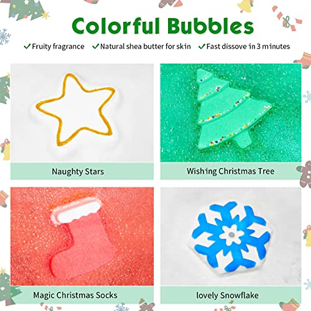 Christmas Bath Bombs for Kids, Christmas Gift Set Bath Bombs for Boys and Girls with Santa Snowflake Christmas Sock Star, 4-Pack Set in a Gift Box Christmas Stocking Stuffer Bubble Bath Bath Bomb Set