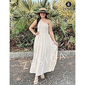 ZESICA Women's 2023 Bohemian Summer Floral Print One Shoulder Sleeveless Smocked Ruffle Tiered Beach Long Midi Dress,Beige,Large