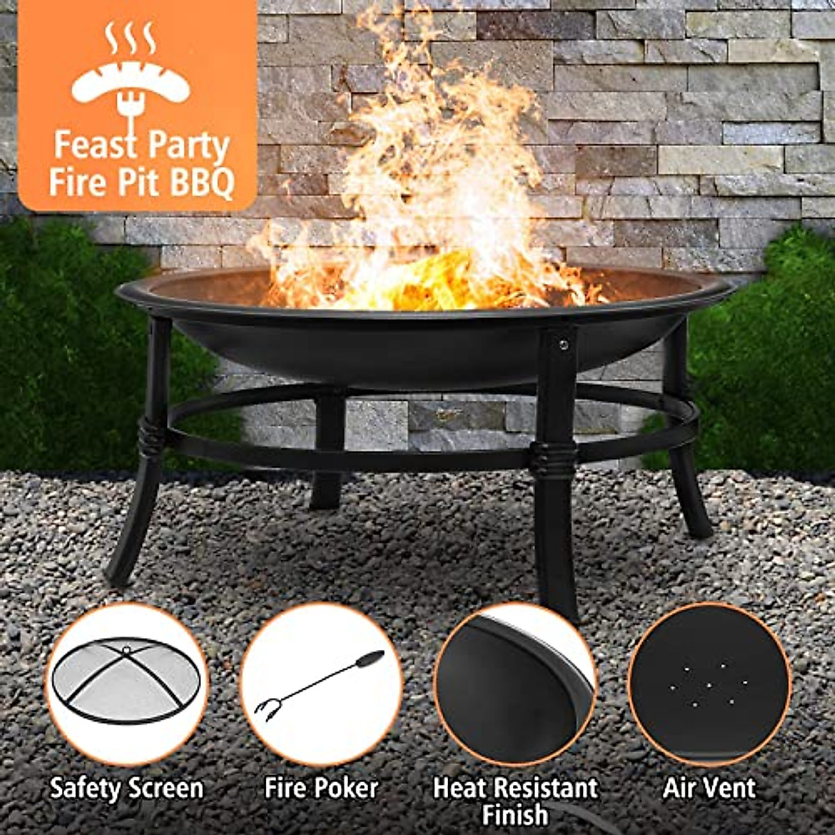 26'' Fire Pit Wood Burning fire Pit Outdoor Fire Pits Steel BBQ Grill Firepit Bowl with Mesh Spark Screen Cover Log Grate Wood Fire Poker for Camping Picnic Garden Backyard Bonfire Patio Beaches