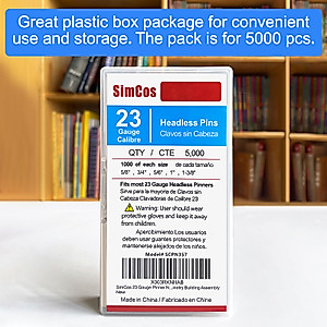 SimCos 23 Gauge Pinner Nails (5/8",3/4",5/6",1",1-3/8") assorted 5 sizes' Headless Pin Nails for 23 GA Pneumatic or Electric Pinner or pin gun,Project Pack (5000)