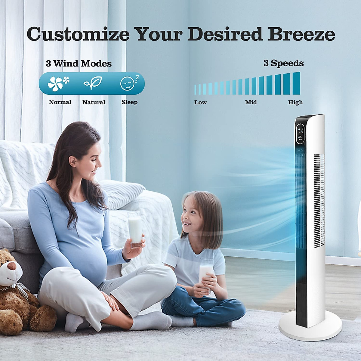 Taylor Swoden 42" Oscillating Fan with Remote, Portable Floor Bladeless Fan, Quiet Cooling, 3 Modes, Speed Seting, 10H Timer, Touch Control for Home Bedroom Living Rooms Office, Black