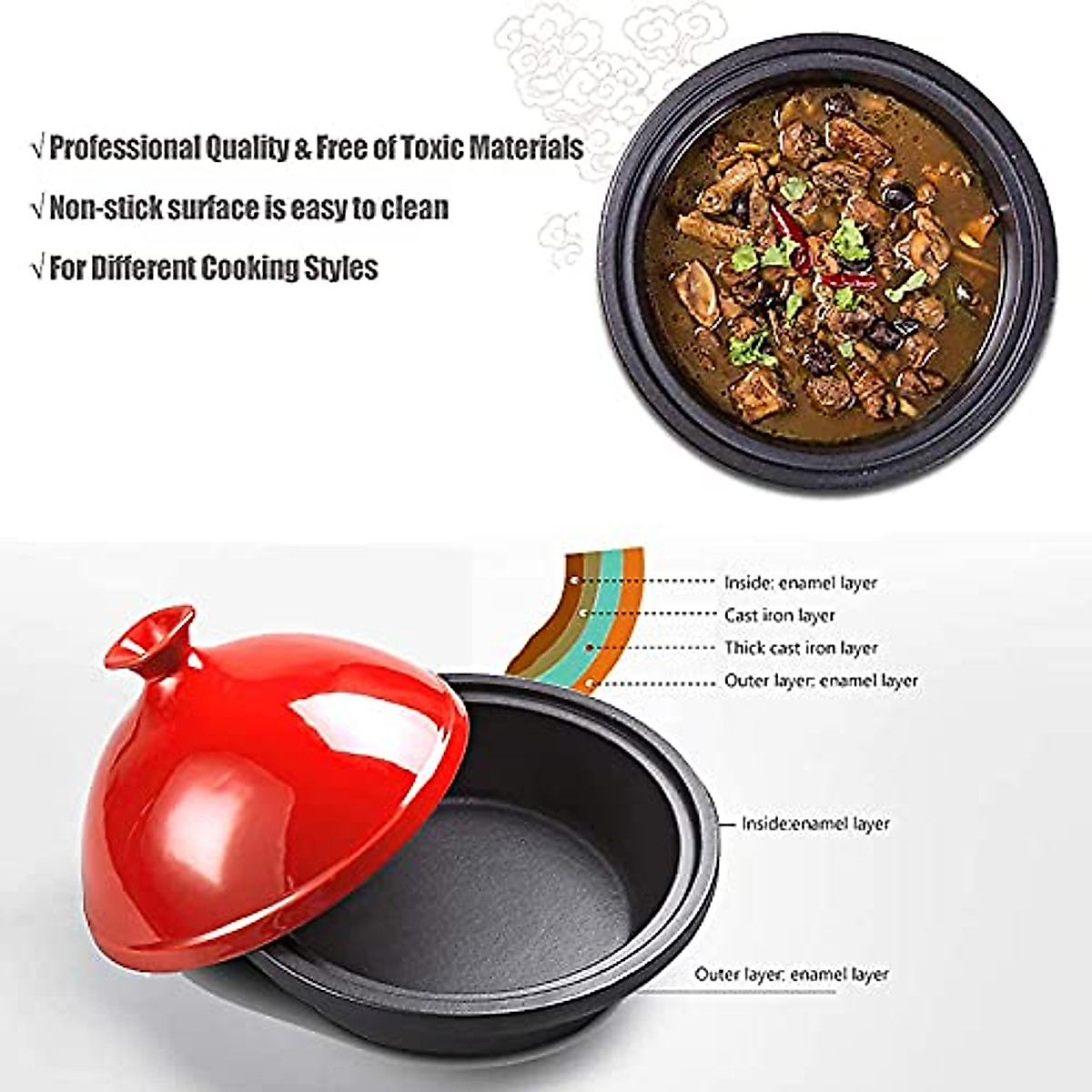 30cm Moroccan Tagine, with Lid, Non-Stick Enameled Cast Iron Soup Pot, for Different Cooking Styles - Cooking Healthy Food,Red