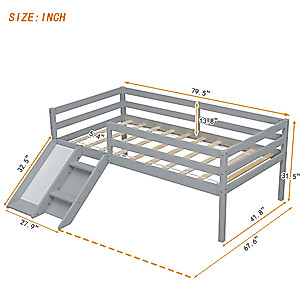 Low Loft Bed with Slide, Twin Size Kids Loft Bed Frame with Climbing Ladder and Safety Guard Rail, Wood Junior Loft Bed for Girls, Boys, Kids, Matte Gray.