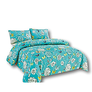 Tache Floral Colorful Aqua Blue Duvet Cover - Butterfly Wonderland - Luxurious Cotton Reversible Duvet Cover with Zipper Closure and Security Ties/Ribbons - 3 Piece Set - King