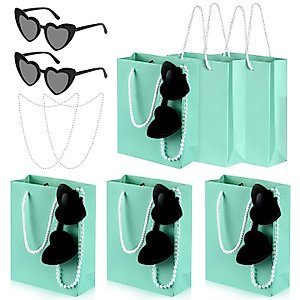18 Pieces Teal Blue Party Favor Gift Bags Set 6 Pieces Teal Blue Merchandise Paper Gift Bags with Handles 6 Pieces Pearl Necklace 6 Pieces Retro Heart Sunglasses for Teal Blue Party Turquoise Party Favors