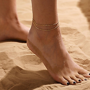 ASCOMY 14K Gold Plated Ankle Bracelets for Women Tiny Cute Layered Beaded Chain Anklet Dainty Simple Square Dot Anklets for Her Minimalist Summer Beach Foot Chain Gold Anklet Jewelry Gifts