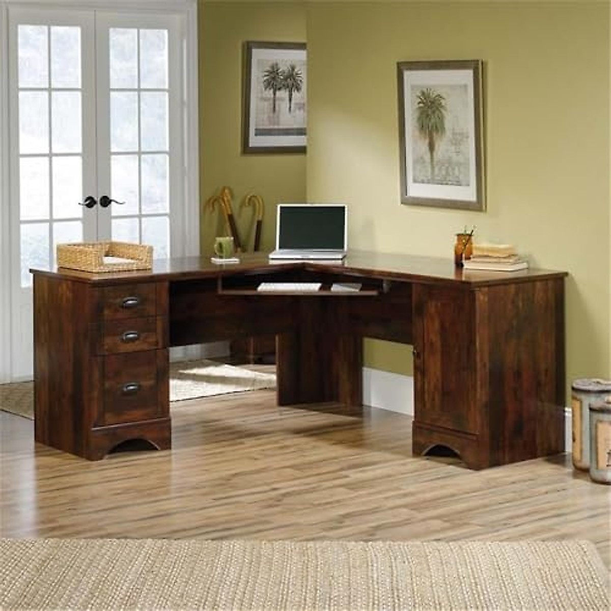 Pemberly Row Home Office L Shaped Desk with Computer Tower Storage in Curado Cherry