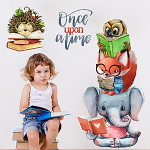 Mfault Once Upon a Time Reading Animals Wall Decals Stickers, Motivational Fox Elephant Owl Hedgehog Reading Books Nursery Decoration Classroom Bedroom Art, Kids Toddlers Study Room Library Decor