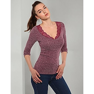 AmélieBoutik Women Lace Trim V Neck Faux Wrap Empire Waist Ribbed Long Sleeve Knit Top (Burgundy Large)