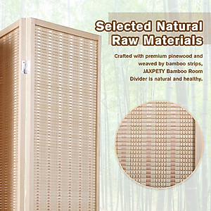 JAXPETY 6 Panel Room Divider 6ft Tall Folding Privacy Screen Freestanding Rustic and Natural Bamboo Room Partition for Home Office, Natural Color