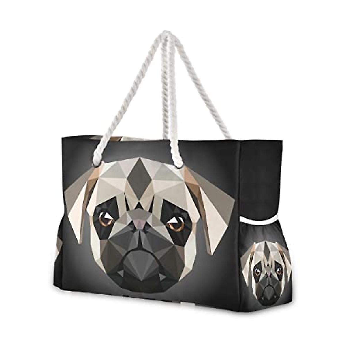 ALAZA Cute Pug Dog Face Animal Print Fun Large Beach Bag For Women Tote Bags Reusable Grocery Shoulder Bag with Zipper Closure Pocket