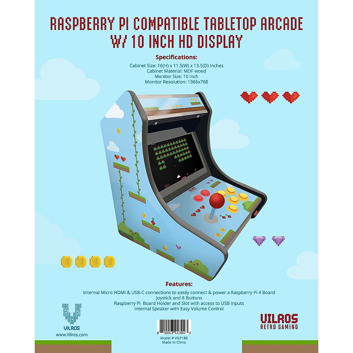 Vilros Tabletop Retro Arcade Cabinet with 10" HD Display - Compatible with Raspberry Pi