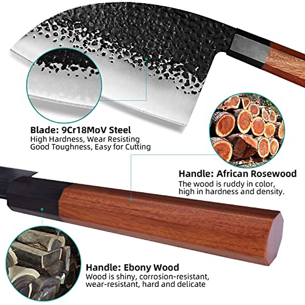 FINDKING Dynasty Series Serbian Chefs Knife with Leather Sheath, Heavy Duty Meat Cleaver, 9Cr18MoV High Carbon Steel Blade, African Rosewood Octagonal Handle, for Meat, Chicken Bones, 6.5 Inches