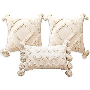 Banilla Throw Pillow Cover Bundle | Featuring a Pair of Hand Tufted Diamond Detailed 18" Pillow Covers & a 12x20 Lumbar Pillow with Chunky Tassels | Natural White