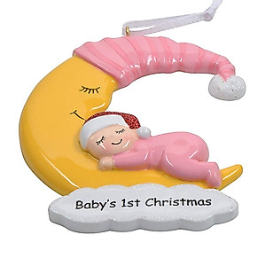 Baby's 1st Christmas Personalized Ornament - Pink Baby Girl Sleeping on Moon - Young Child Christmas Ornament - Keepsake Gifts for Newborn Infant Toddler First Xmas - Free Customization