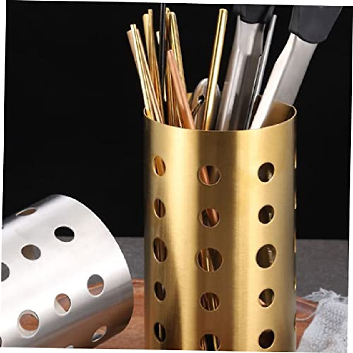 LIFKICH Multi-Purpose Silverware Gold Kitchen Spoon Steel Organizer Basket Drainer Utensils Drying Countertop Racks Cooking Safe Hole Storage Flatware Stand S Hanging Shelf Chopsticks