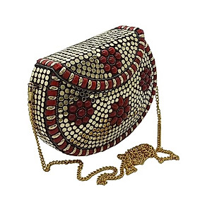 Trend Overseas Multicolor Acrylic Stone Golden metal Bead Clutch Girls Bridal Bag for women/Girl party clutch, Acrylic Red