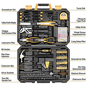 DEKO 196 Piece Tool Set General Household Hand Tool Kit with Rip Claw Hammer,Lineman's Plier, Measure Tape Rule & Plastic Toolbox Storage Case