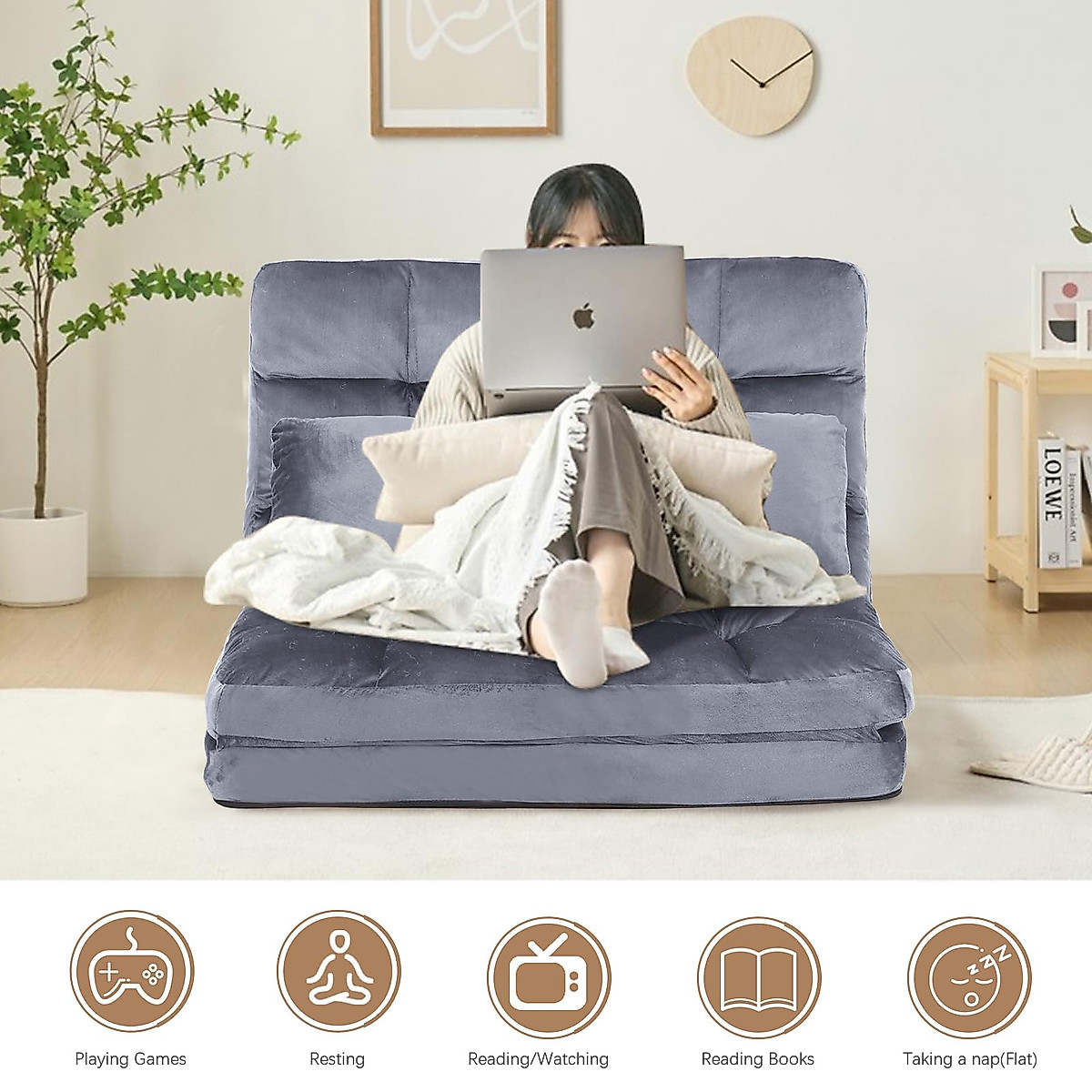 Urnodel Adjustable Floor Sofa Couch with 2 Pillows Foldable Lazy Sofa Sleeper Bed Multi-Functional Floor Loveseat for Reading Gaming 8823S2 (Grey)