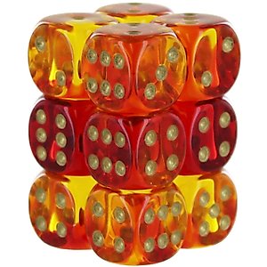 Gemini Dice Block | Set of 12 Size D6 Dice Designed for Board Games, Roleplaying Games and Miniature Games | Premium Quality 16 mm Dice | Translucent Red, Yellow and Gold Color | Made by Chessex