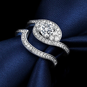 MDFUN 18K White Gold Plated Cubic Zirconia Two In One Wedding Engagement Promise Eternity Ring for Women Size 5.5