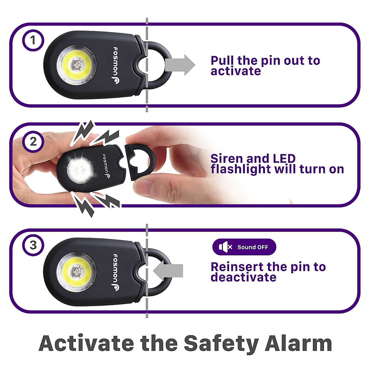 Fosmon Personal Alarm for Women (2-Pack), Self Defense Protection Keychain Safety Sound Siren 125DB with Strobe Light LED Flashlight Carabiner, SOS Emergency Security Alert Device for Kids Elderly Men