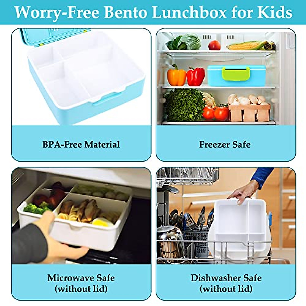 Bento Lunch Box Kids Children, Lunchbox with 4 compartments, Spoon, Fork and Fruit Picks, Blue Food Containers for Boys, Daycare/Travel/School, Leak-Proof, BPA-Free, Microwave/Dishwasher/Freezer Safe