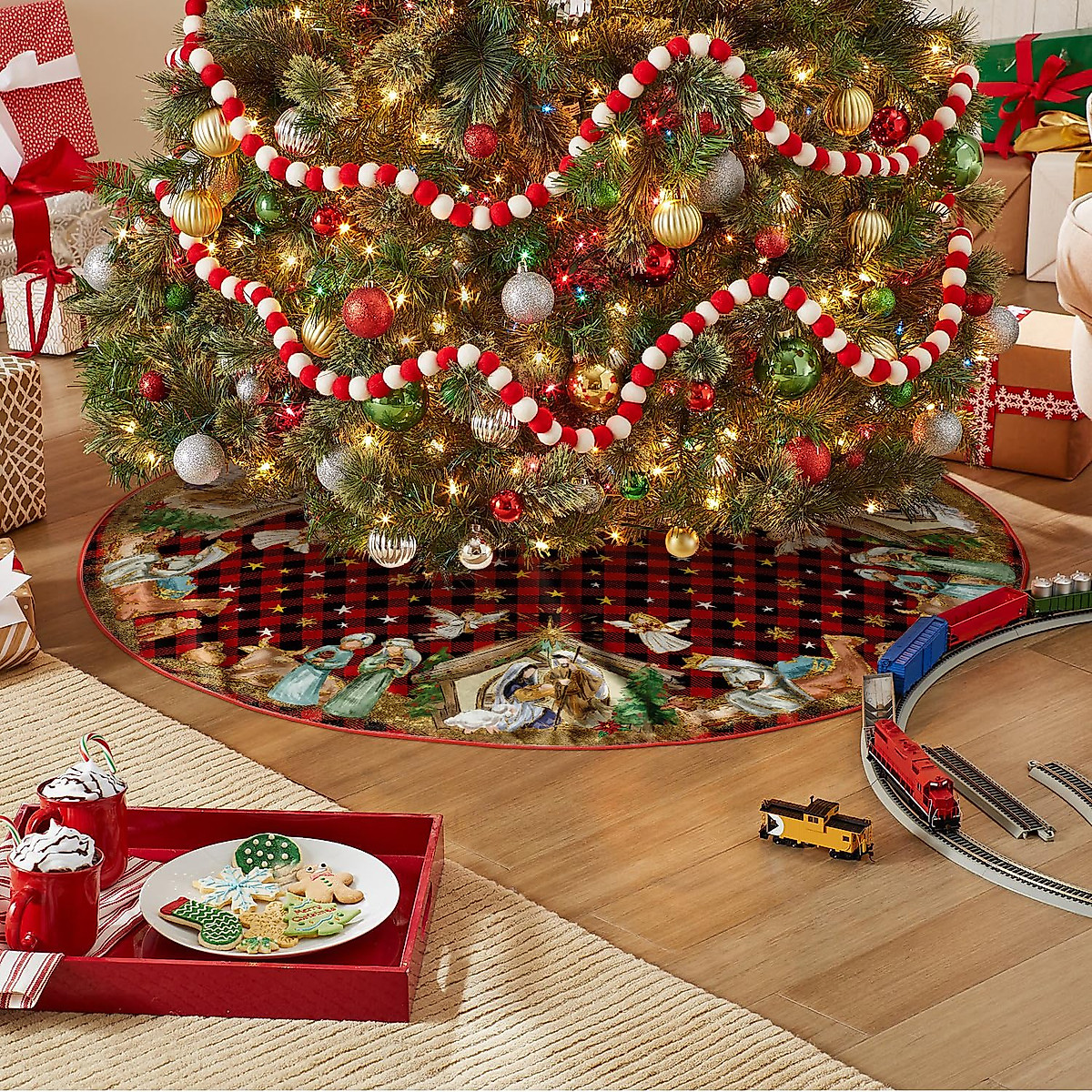 AVOIN colorlife Buffalo Plaid Nativity Christmas Tree Skirt 48 Inch, Jesus Christian Winter Holiday Tree Mat Decoration