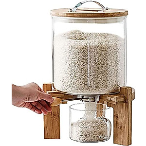 Glass Rice Dispenser Countertop, 5L/8L Flour Cereal Grain Dispenser Container with Wooden Stand and Measuring Cup, Rice Food Storage Container Dispenser for Kitchen and Pantry Store with Airtight Lid