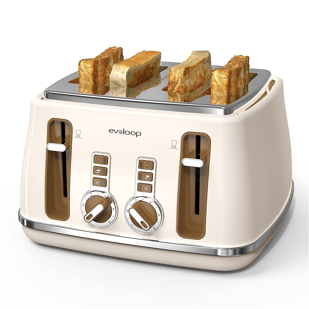 evoloop Toaster 4 Slice, Oversize Retro Stainless Steel Bread Toaster with Dual Independent Control Panels, 6 Browning Level, Bagel, Defrost & Cancel, -1.5" Extra Wide Slots, Removable Crumb Tray