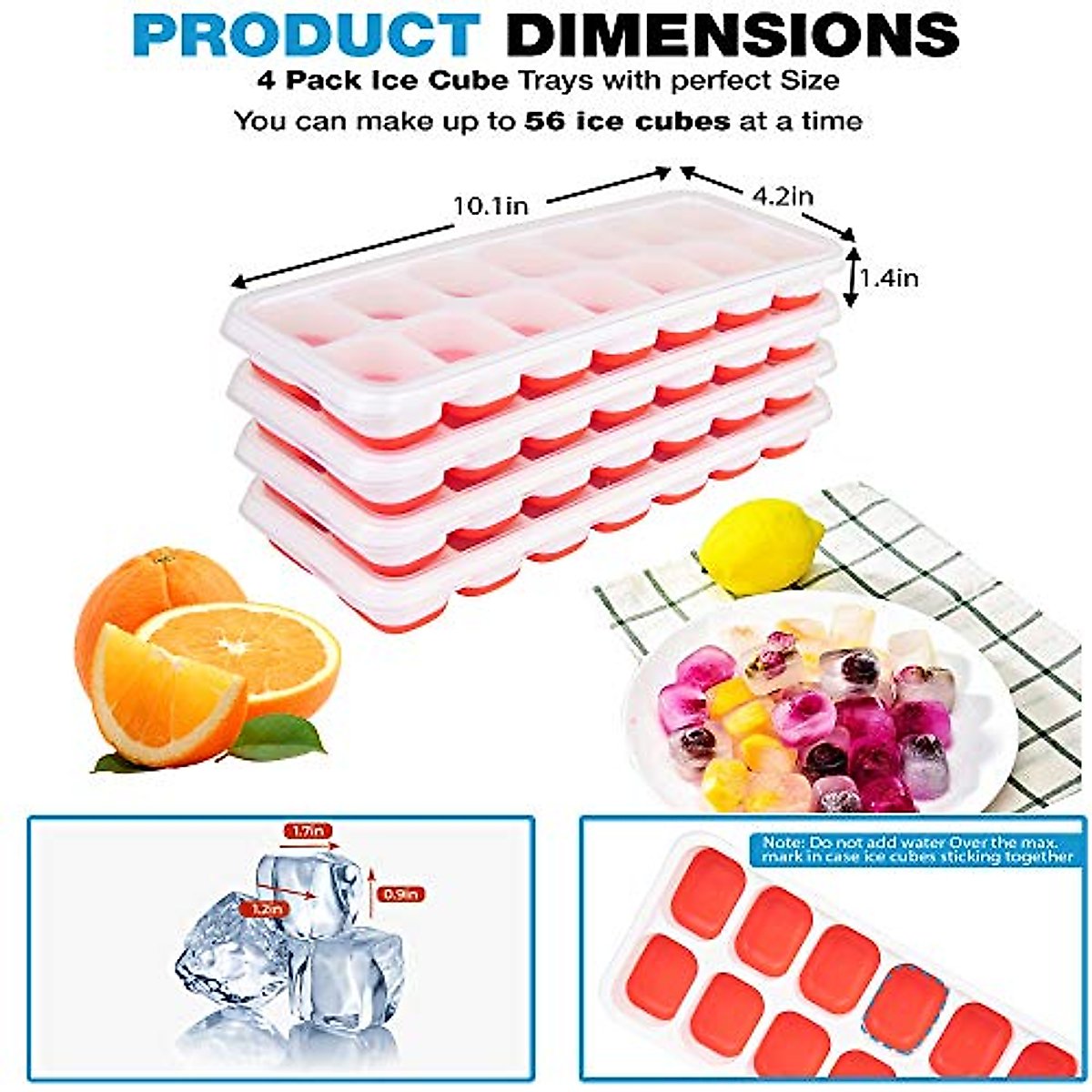 4 Pack Ice Cube Trays, Ice Tray Durable & Flexible, Ice Trays for Freezer, Silicone Ice Cube Tray, 14 Ice Cube Trays for Freezer With Lid, Super Easy Release Stackable BPA Free for Drinks & Cocktail