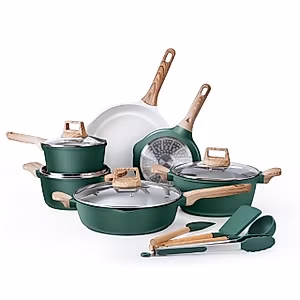 Country Kitchen Pots and Pans Set Nonstick, Cast Aluminum Kitchen Cookware Set with Utensils, 14 Pcs Non Stick Cooking Set w/Frying Pans & Saucepans, Sage