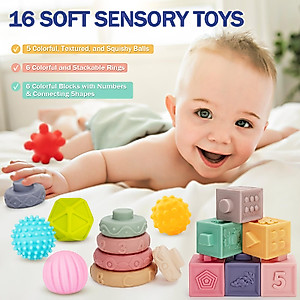 Baby Toys 6 to 12 Months, 5 In 1 Montessori Toys for 1 Year Old, Incl Travel Pull String Toy & Shape Sorter & Stacking Baby Block & Soft Infant Ring & Sensory Ball for Toddler 0-3-6-9-12 Month