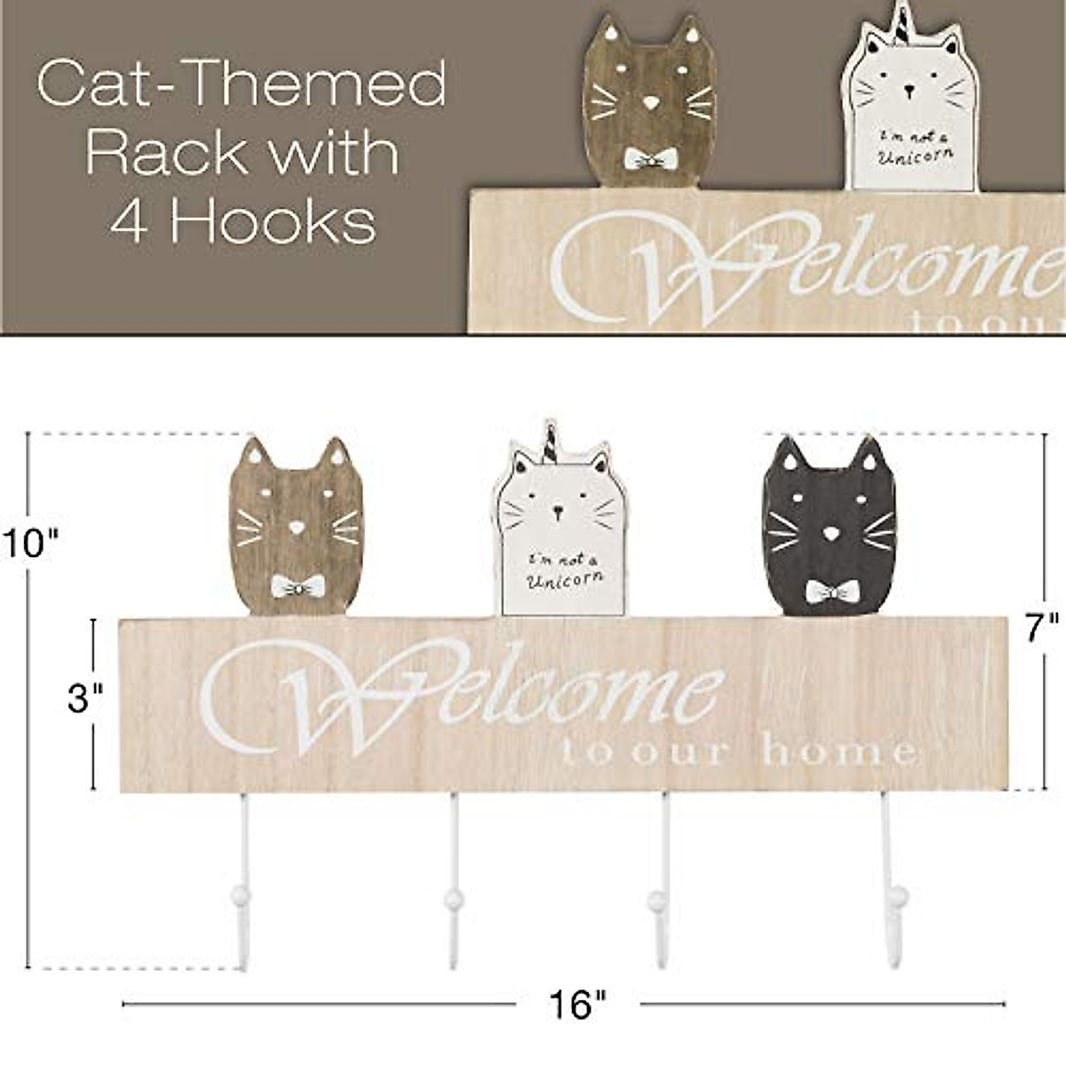 EXCELLO GLOBAL PRODUCTS Wall Mounted Cat Themed 16 in Coat Rack with 4 Hanging Hooks
