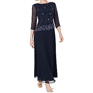 J Kara Women's Beaded Scallop Bodice Asymmetrical Gown, Navy/Mercury/Gun, 8