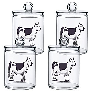 JUAMA Dairy Cow 4-Pack Canister Set with Lid, Apothecary Jars for Bathroom Clear Plastic Storage Organization for Cotton Swab/Ball/Pads Dental Floss, Multicolor