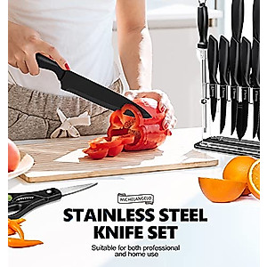 MICHELANGELO Kitchen Knife Set with Block, Sharp Black Knife Set for Kitchen, 16 Piece Stainless Steel Cooking Knife Set with Sharpener, Includes Steak Knives Set, Chef Santoku Knives, Black