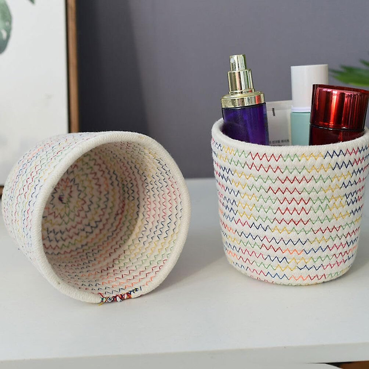 Alipis desktop storage basket toy storage bins with lids woven rope storage baskets Small Desktop Storage baskets with lids woven key baskets white Woven Basket child cotton rope Rattan