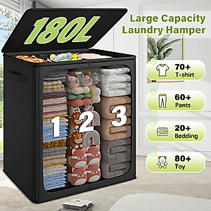 Raybee Laundry Basket 180L Laundry Hamper with Lid Black Laundry Basket 3 Section Laundry Hamper with Removable Bags Collapsible Dirty Clothes Hampers for Laundry Closet Bathroom 24.8''L*16.1''W*27''H
