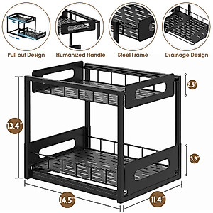 SHCAPENM Under Sink Organizers and Storage, 2 Tiers Bathroom Under Sink Organizers with Sliding Drawer Under Cabinet Basket Organizer Black for Bathroom Kitchen Countertop