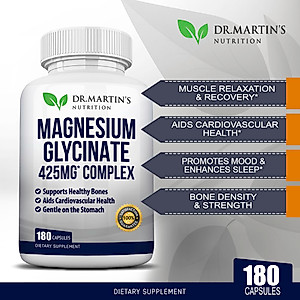 Premium Magnesium Glycinate 425mg - 180 Vegan Capsules - Helps with Stress Relief, Sleep, Muscle Cramps & Healthy Heart |