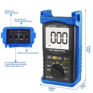 Digital Insulation Resistance Tester, AP-6688B Auto Range Megohmmeter 1999 Counts LCD Display 500/1000/2500/5000V Voltage,1MΩ~200GΩ Resistance Testing with Data Hold Backlit for Motor Cables Switches