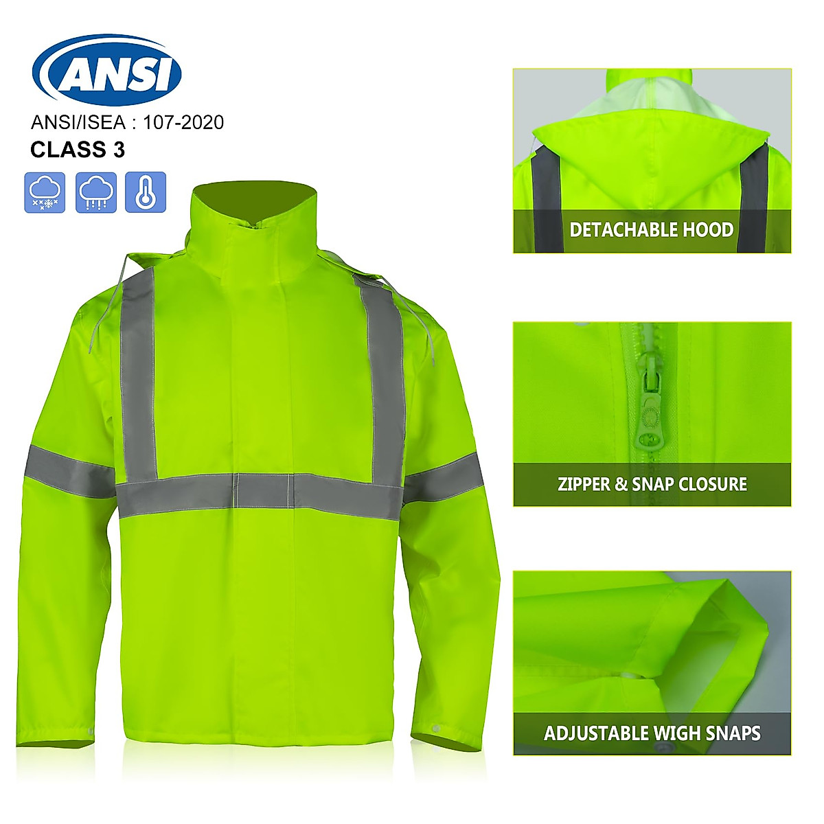 VENDACE Hi Vis Reflective Rain Jacket Suit and Pants for Men Waterproof Class 3 High Visibility Safety Rain Gear Raincoat(L/XL)