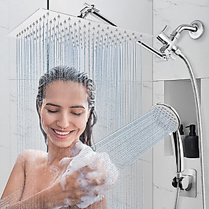 Shower Head Combo with 11'' Extension Arm，High Pressure Rain Shower Head with Handheld Shower Spray and Holder/ 1.5M Hose，Dual Rainfall Showerhead Set，Chrome (10 Inch)